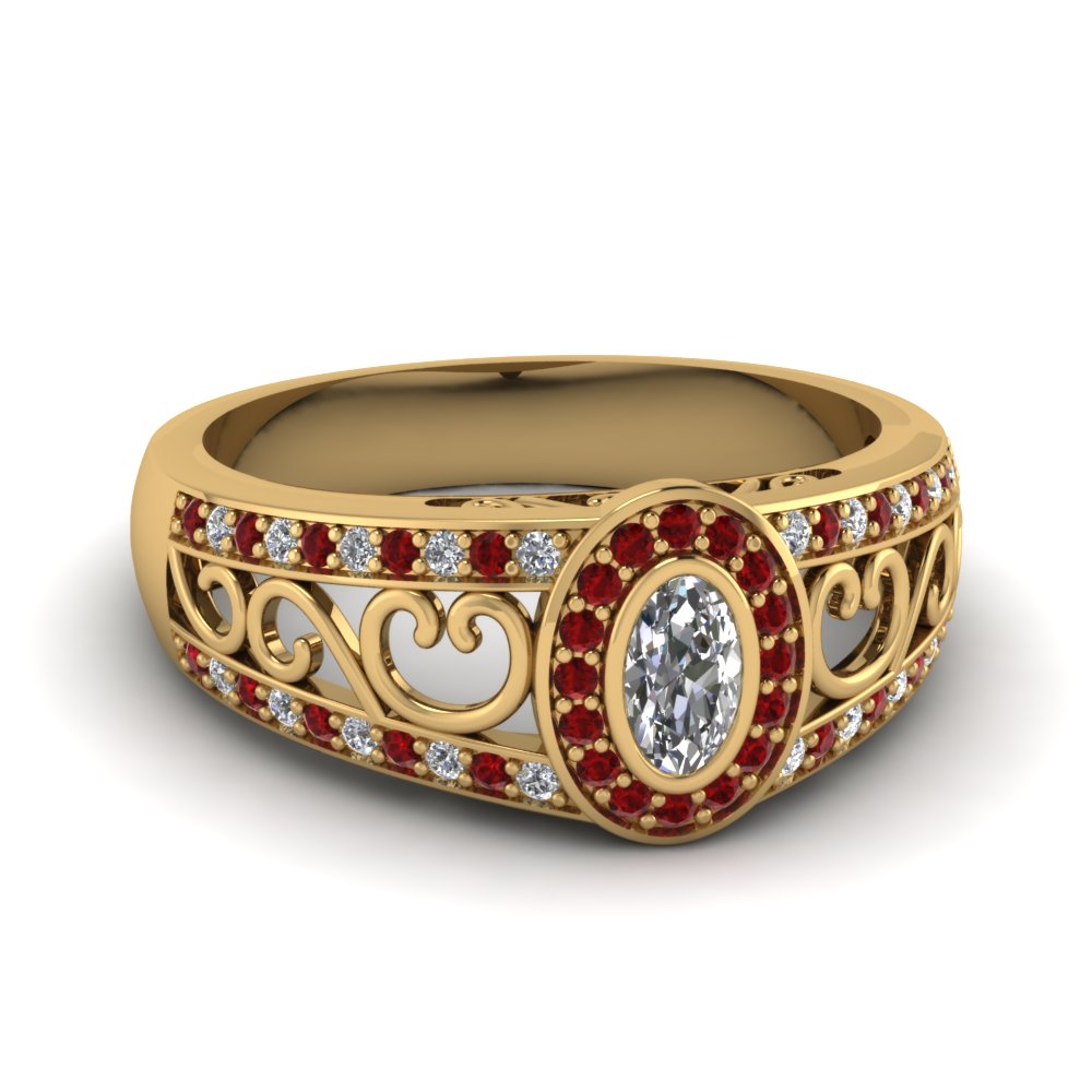 Yellow Gold Oval White Diamond Engagement Wedding Ring With Red Ruby In